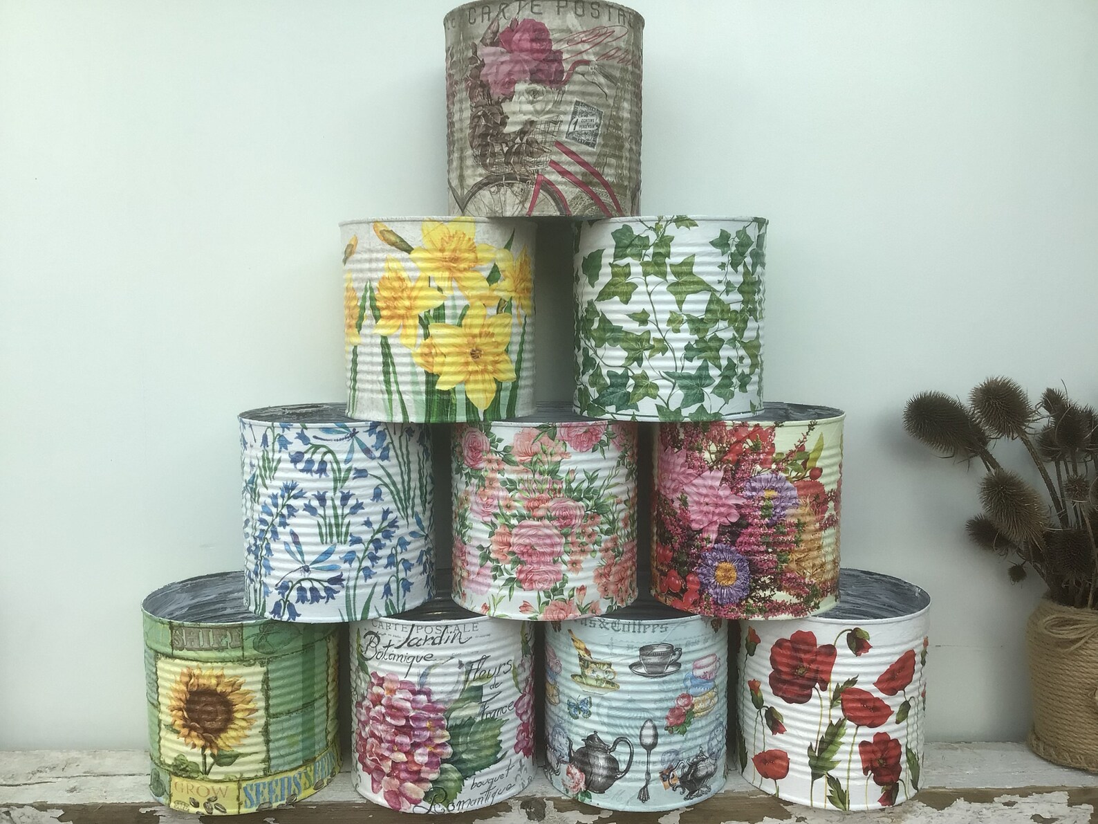 Decoupaged Flower Tins 15cm X15 Cm Various Designs/ Handmade / - Etsy