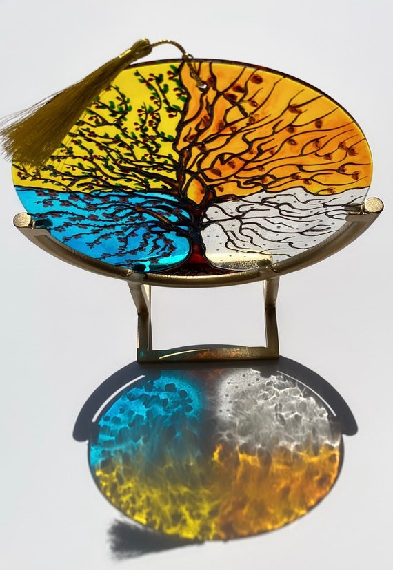 Tree of Life Four Seasons Stained Glass Painting Product suncatcher Tree Gold Colored Iron Stand Glass Painting Seasonal Themed Object Etsy Ireland