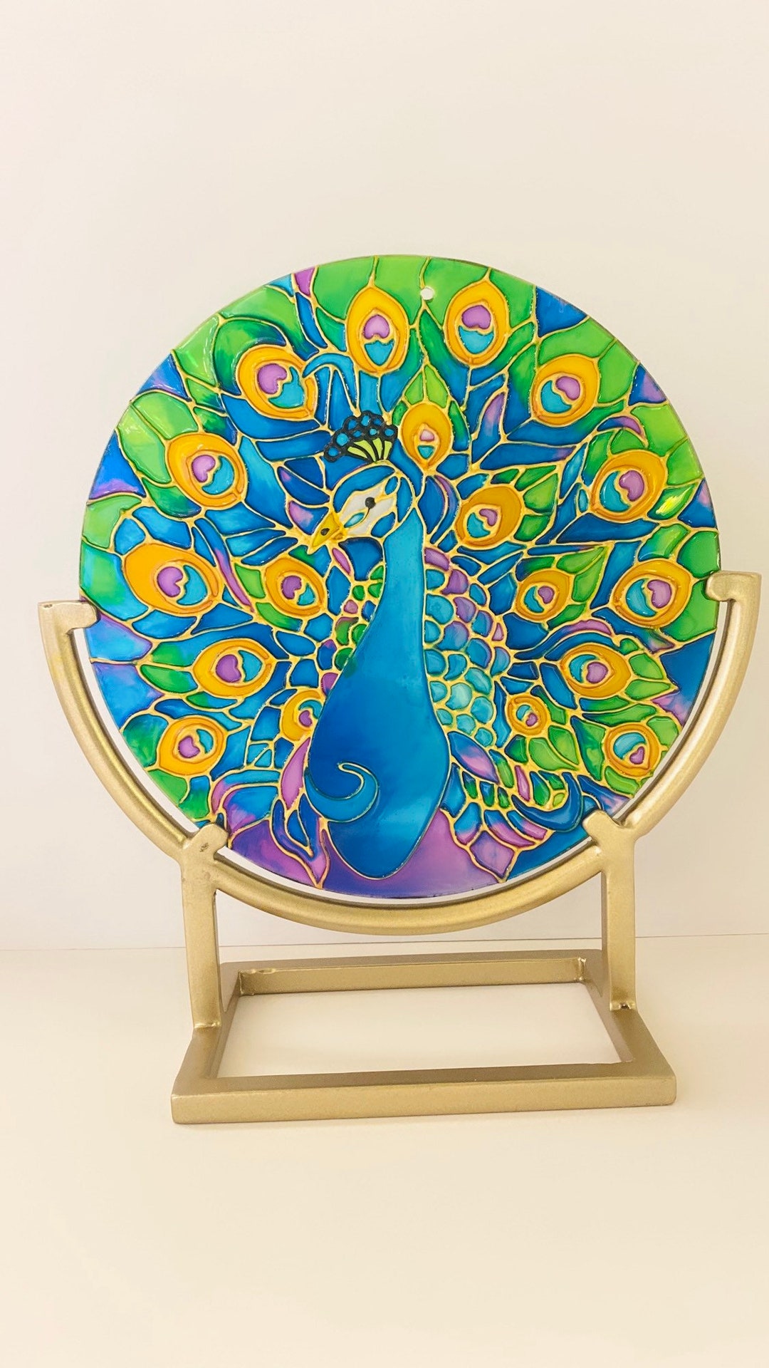 Peacock Stained Glass Painting Suncatcher,peacock With Iron Stand in ...