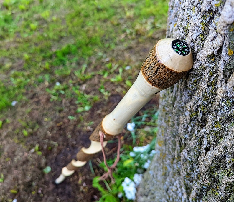 Hand-carved Ash Walking Stick, Compass, Leather Strap, Hiking Cane ...