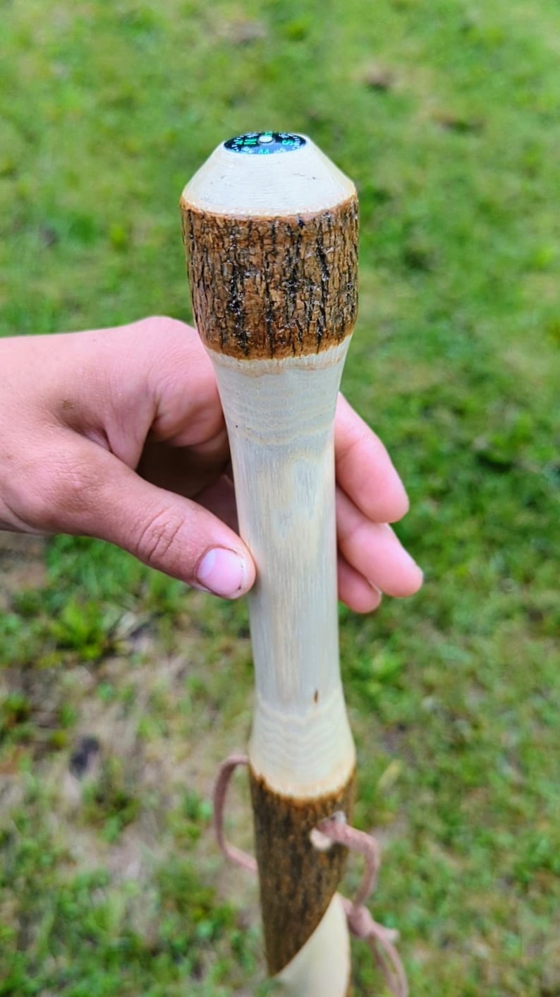 Hand-carved Ash Walking Stick, Compass, Leather Strap, Hiking Cane ...