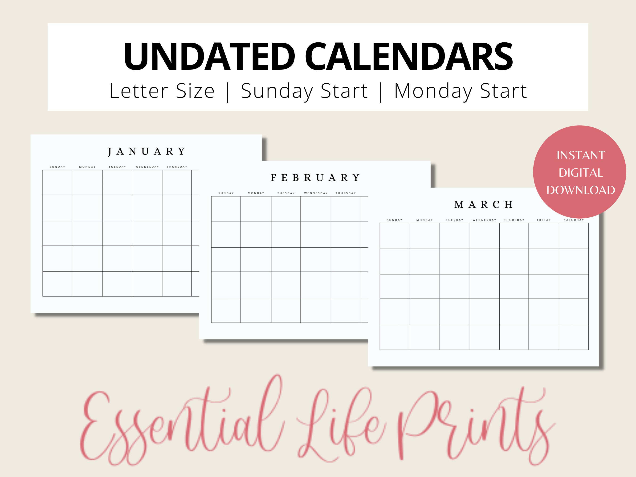 Undated 12 Month Calendar, Minimalist Calendar, Monthly Calendar ...