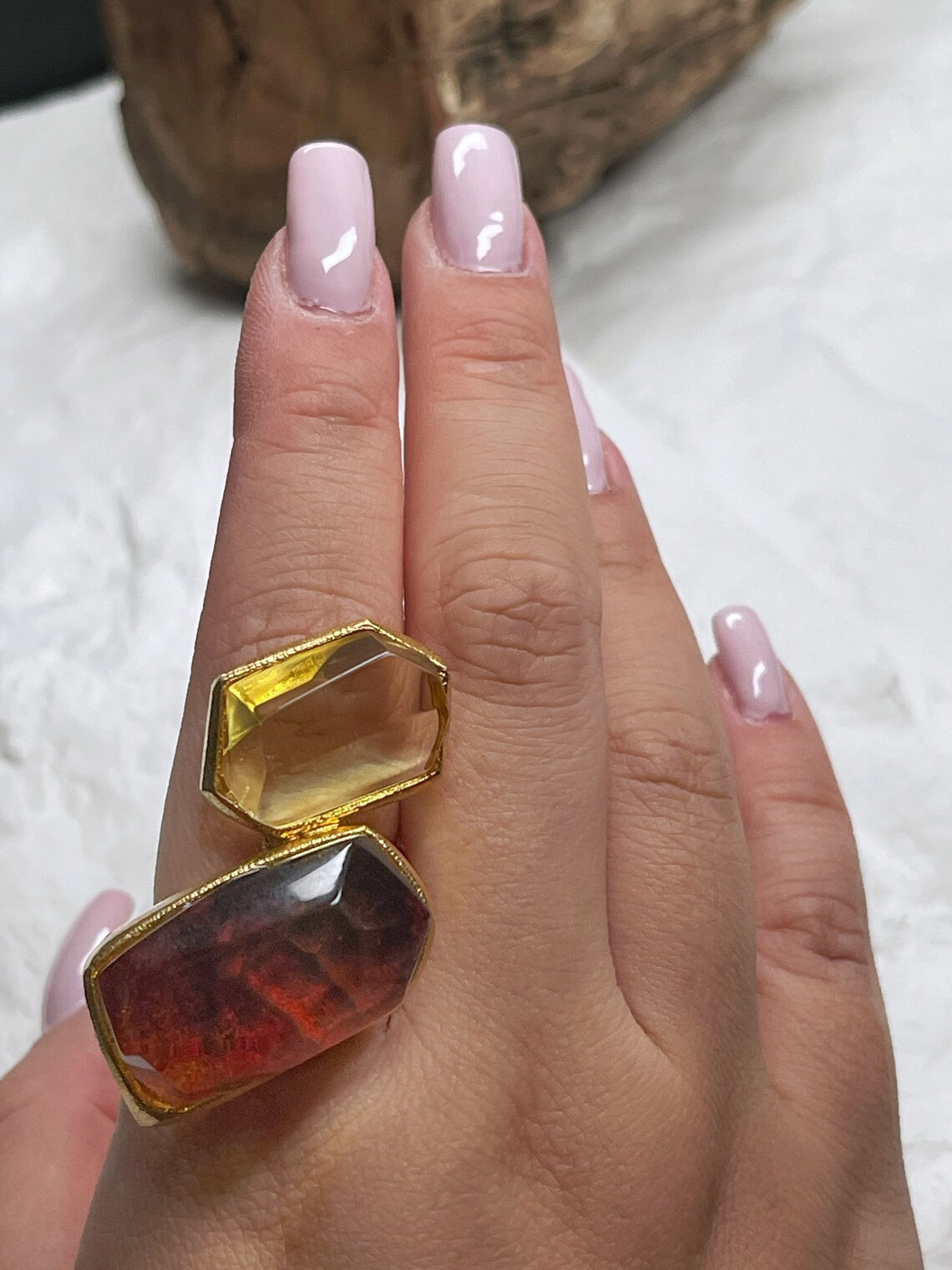 Double Stone - Green & Cognac Amber Ring, Gold-tone Plated Silver ...