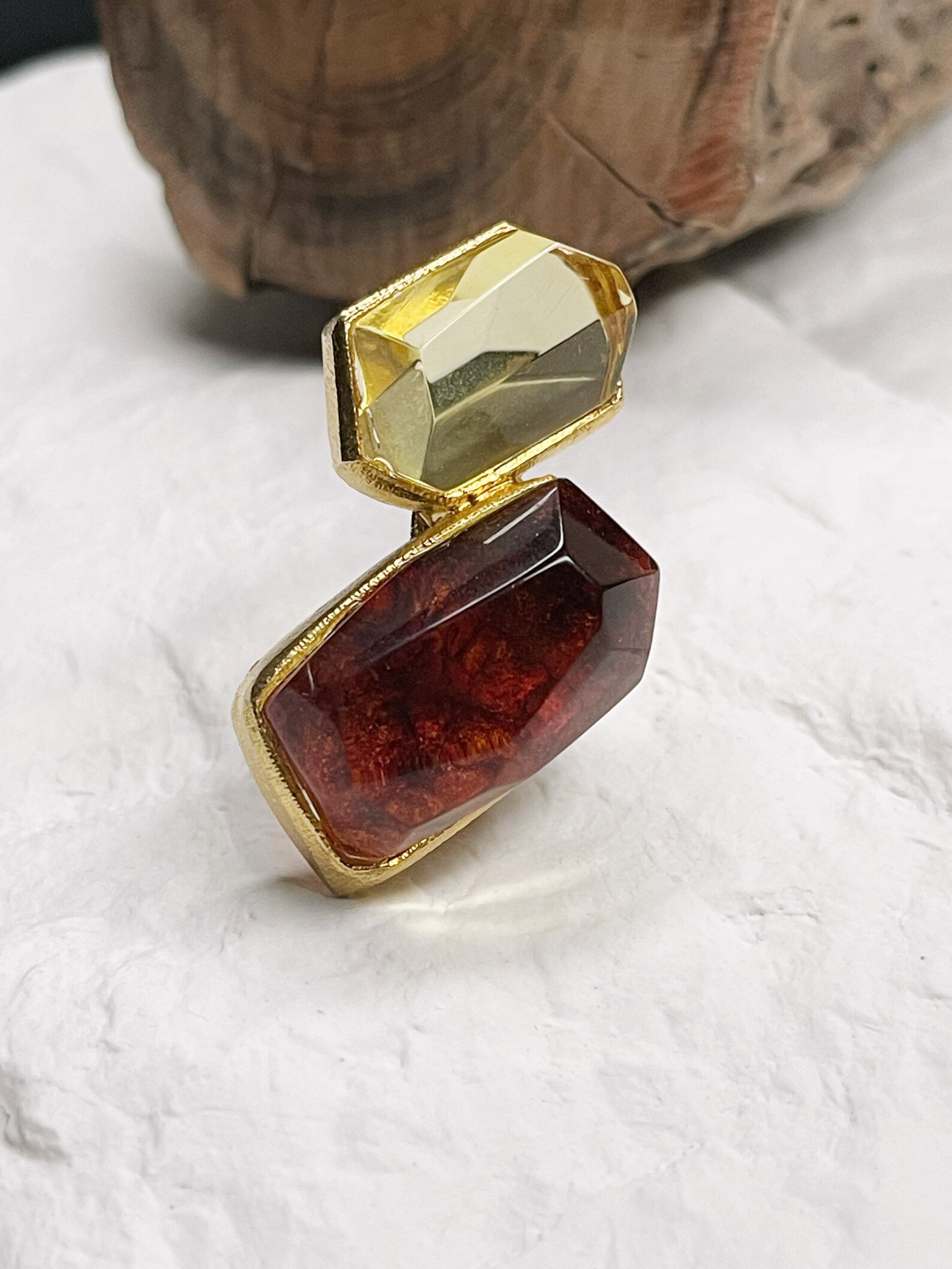Double Stone - Green & Cognac Amber Ring, Gold-tone Plated Silver ...