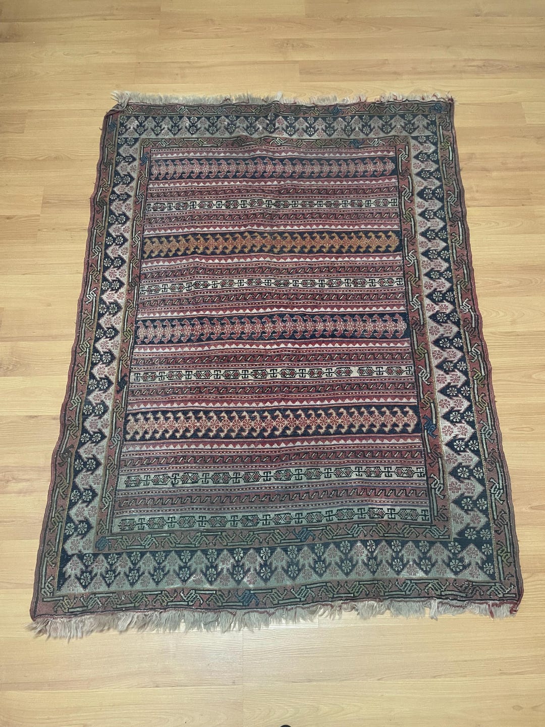 Vintage Handwoven Persian Rah Rah Soumak Kilim Rug 3.28x5.24 Ft, Wool ...