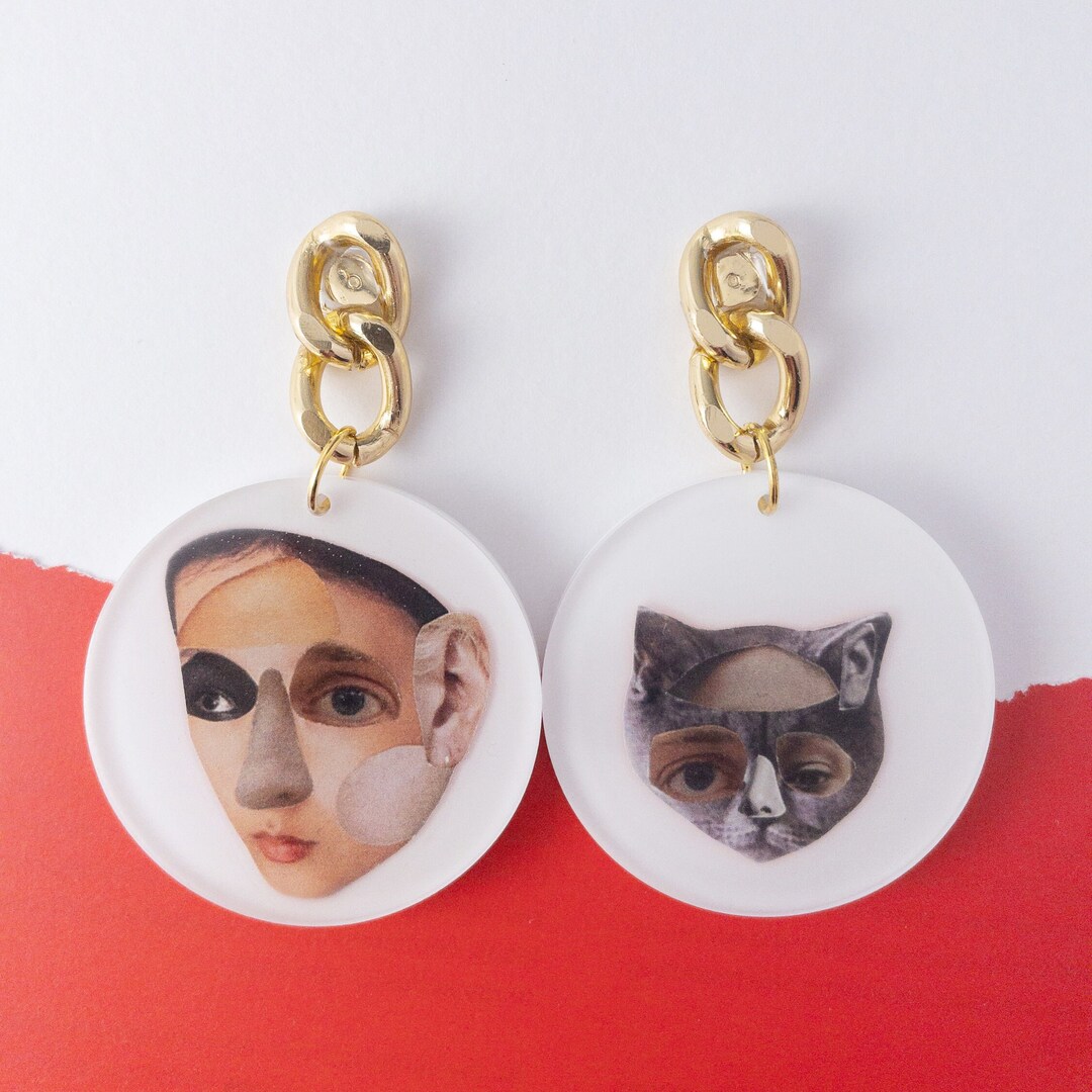 Original Collage Art Earrings Girl and Cat 2021 Unique Handmade ...