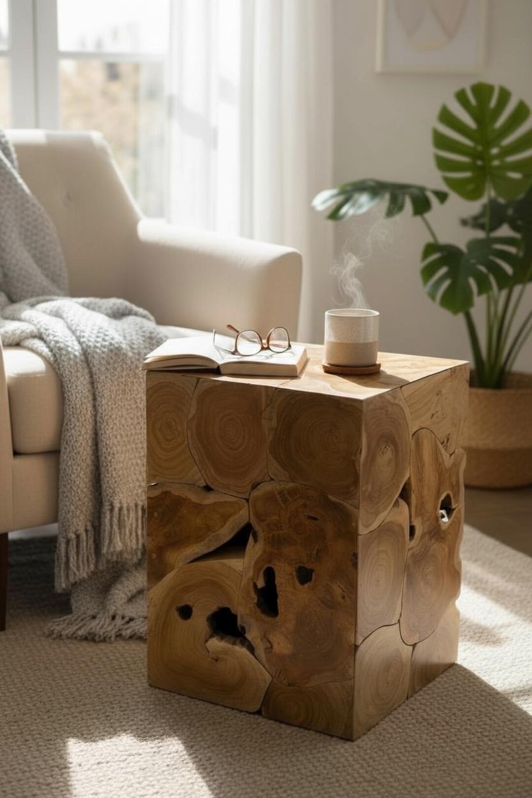 Handmade Side Table Made of Natural Wood Mosaic - Coffee Table, Bedside ...