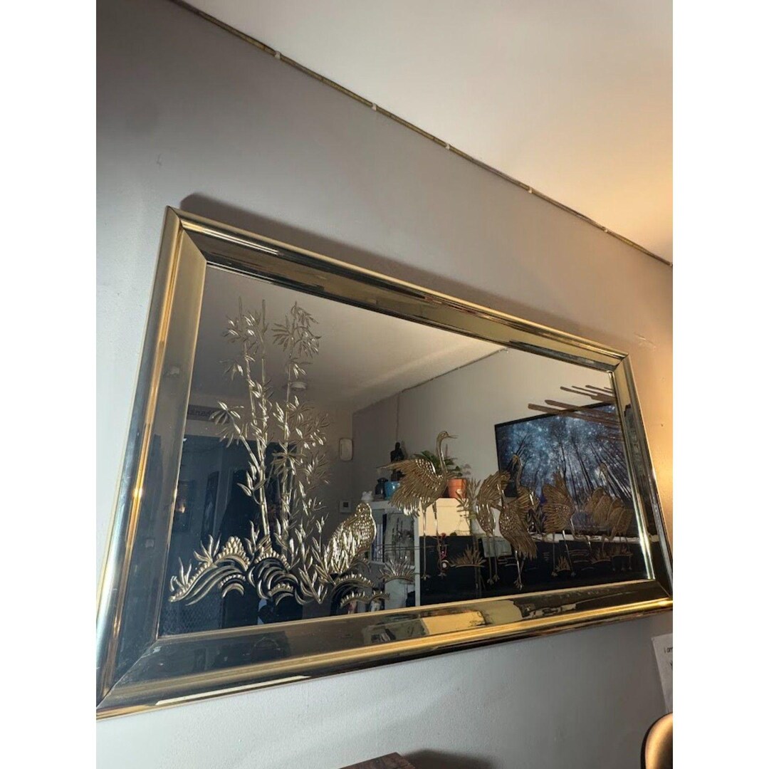 Vintage MCM Gold Etched Glass Crane Bird Mirror Hanging 53 X 29 - Etsy