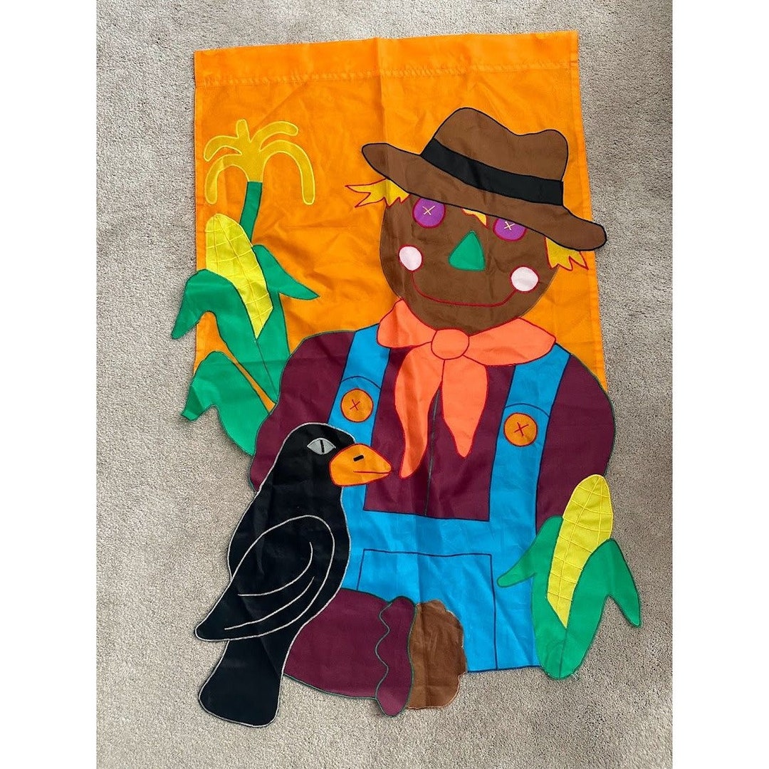 Vintage Scarecrow and Black Crow With Corn Outdoor Yard Flag Decoration ...