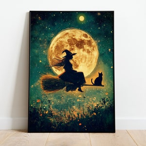 Witch and Black Cat Wall Art, Three Witches Print, Vintage Halloween ...