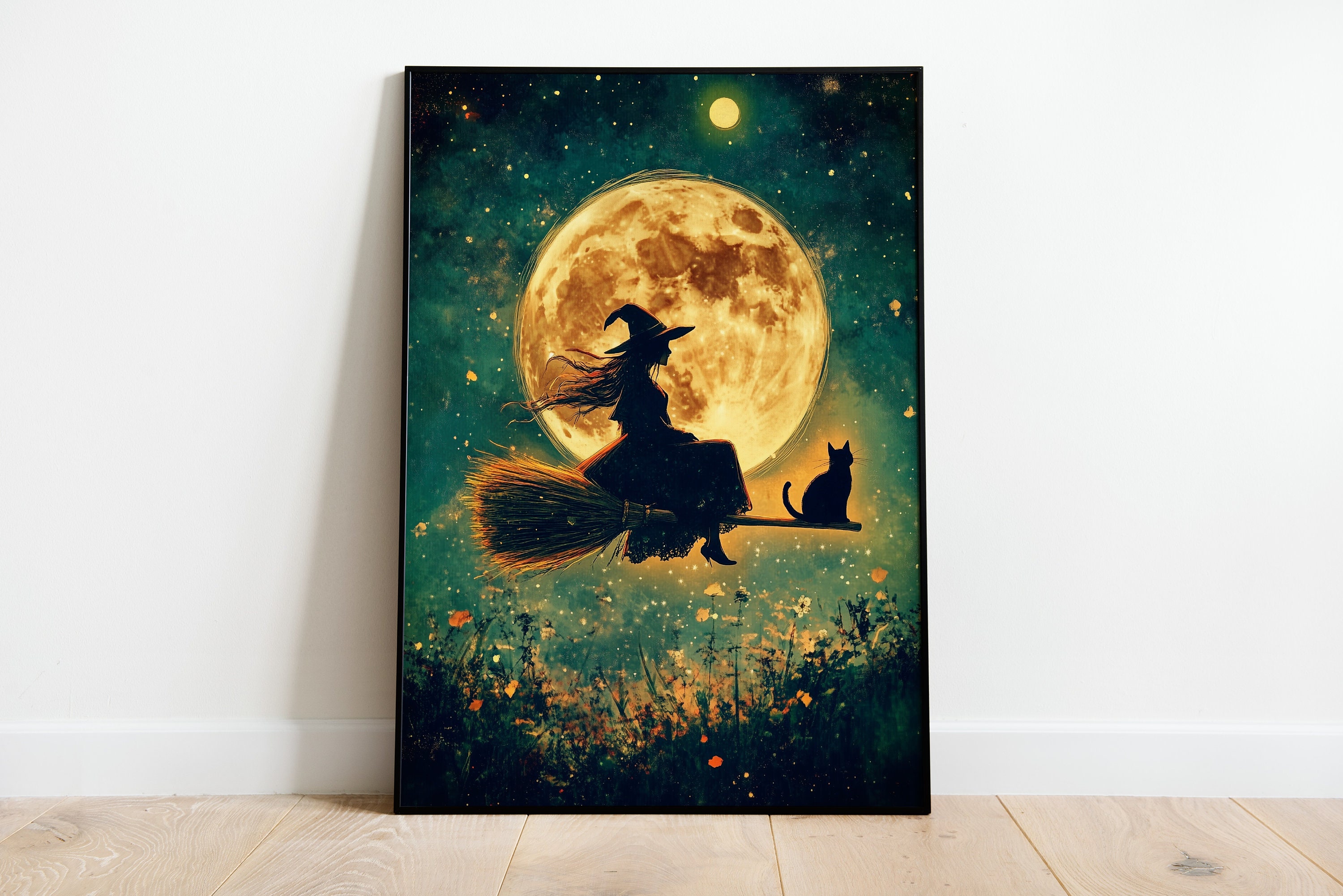 Vintage Witch and Cat Halloween Poster, Spooky Season Art - Etsy