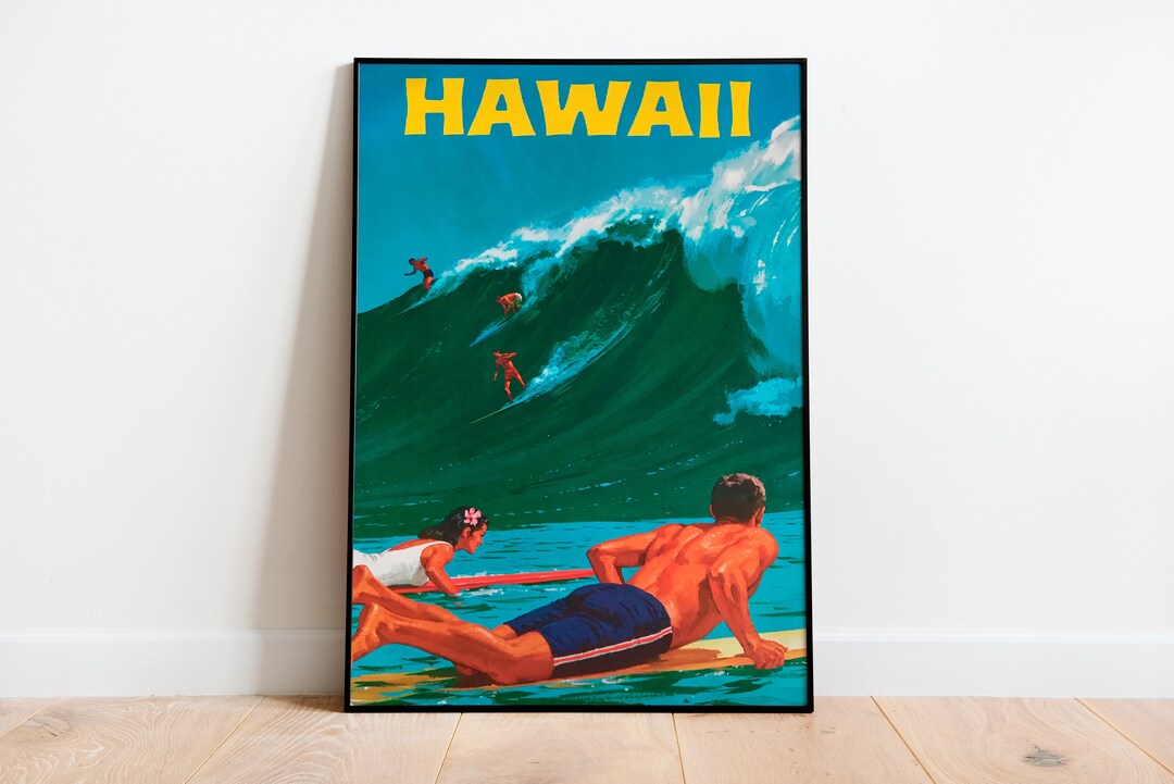 Hawaii Surfing Travel Poster, Art Deco Vintage Print - Etsy