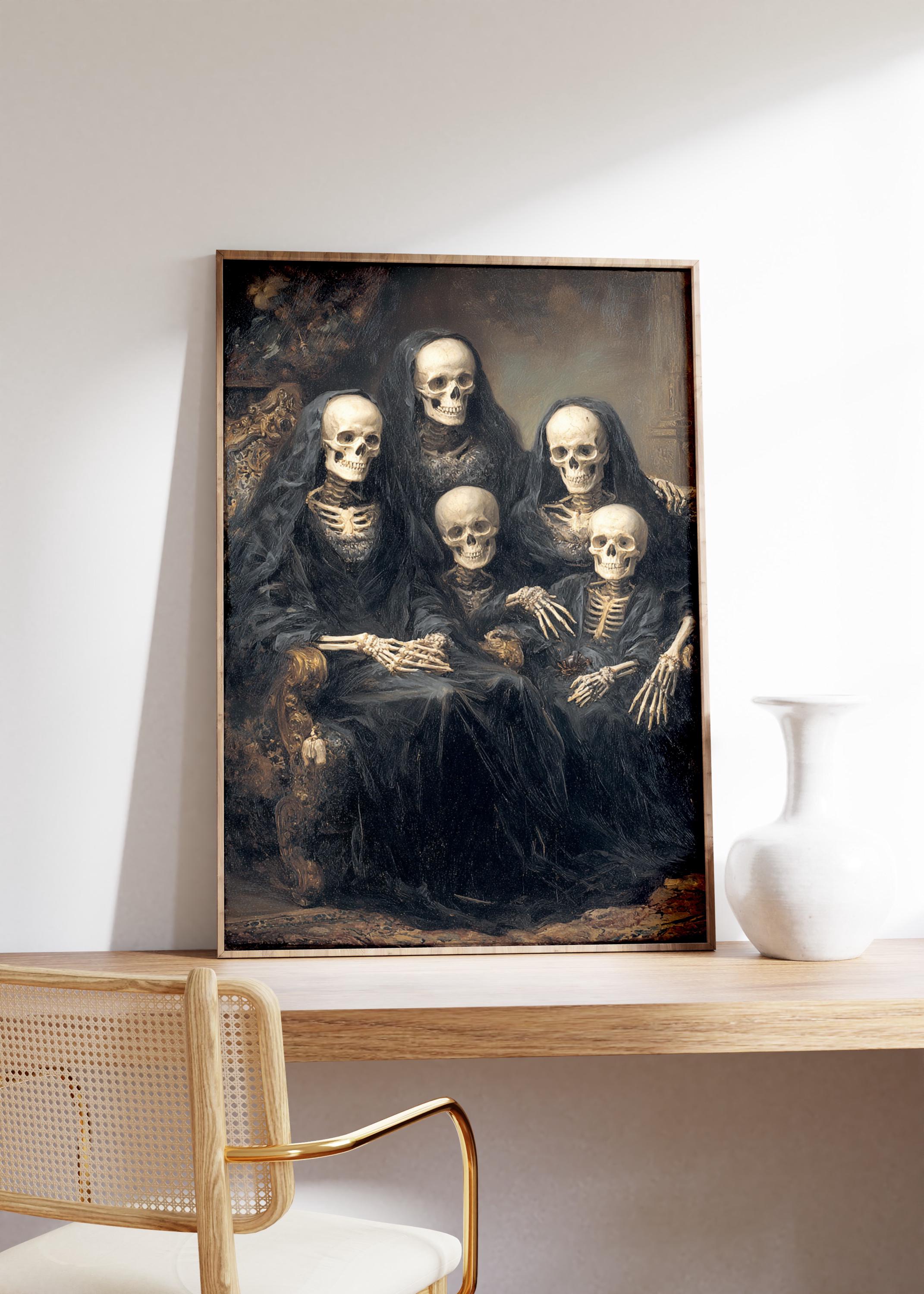 Skeleton Family Portrait Art Poster, Spooky Halloween Wall Decor - Etsy