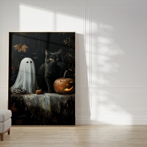Black Cat Ghost and Pumpkin Print, Halloween Art Poster, Spooky Ghost ...