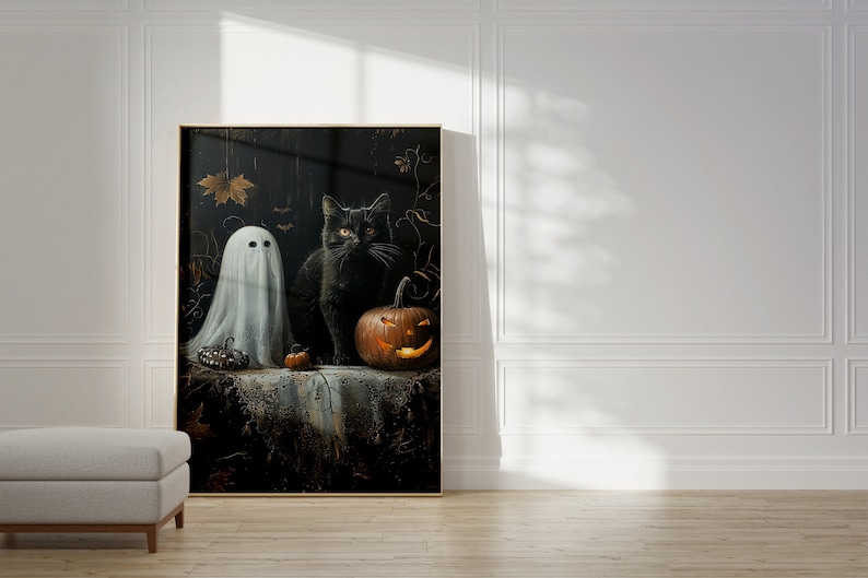 Black Cat Ghost and Pumpkin Print, Halloween Art Poster, Spooky Ghost ...