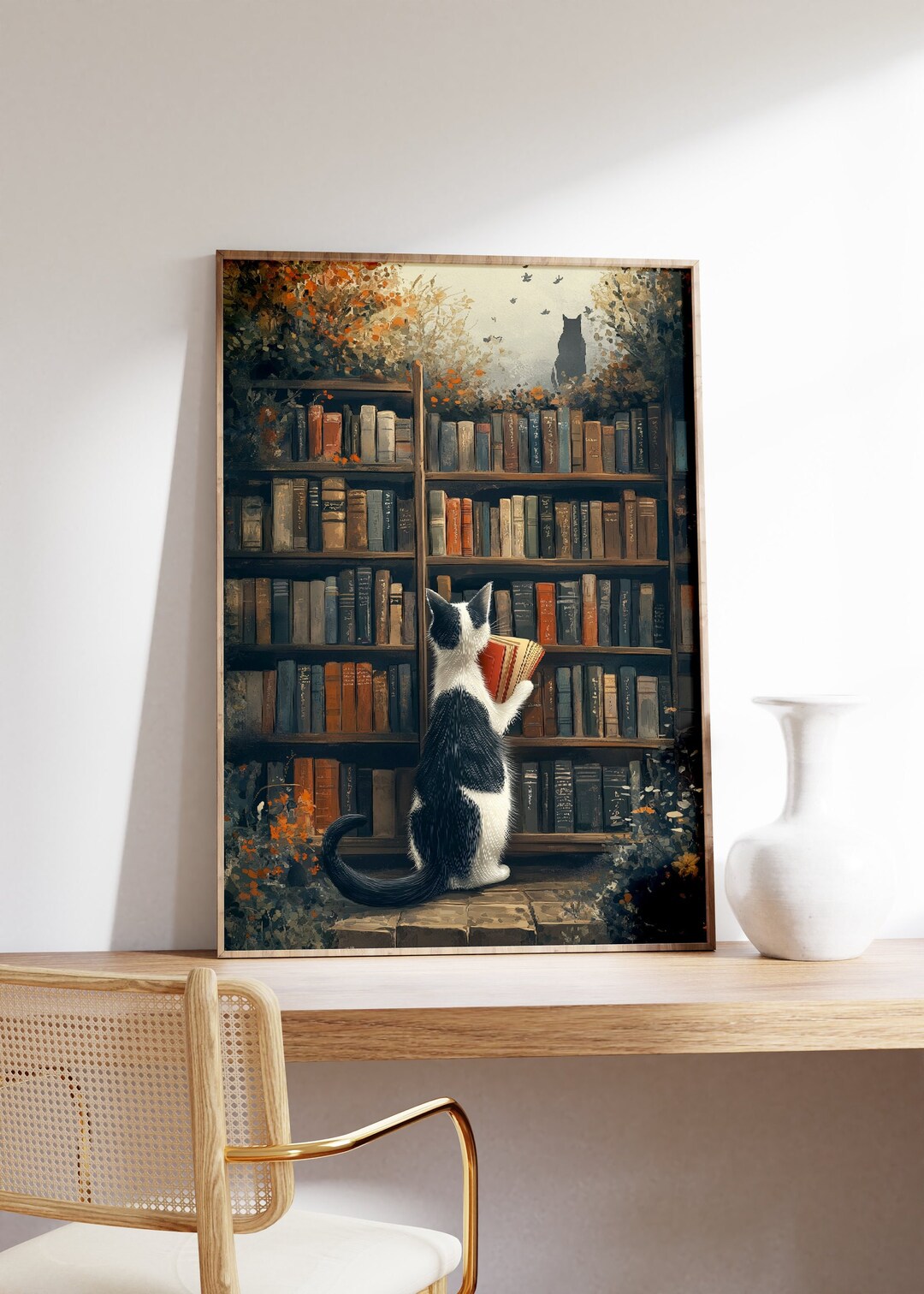 A Cat is Reading a Book in a Library Vintage Poster, Art Deco, Cat ...