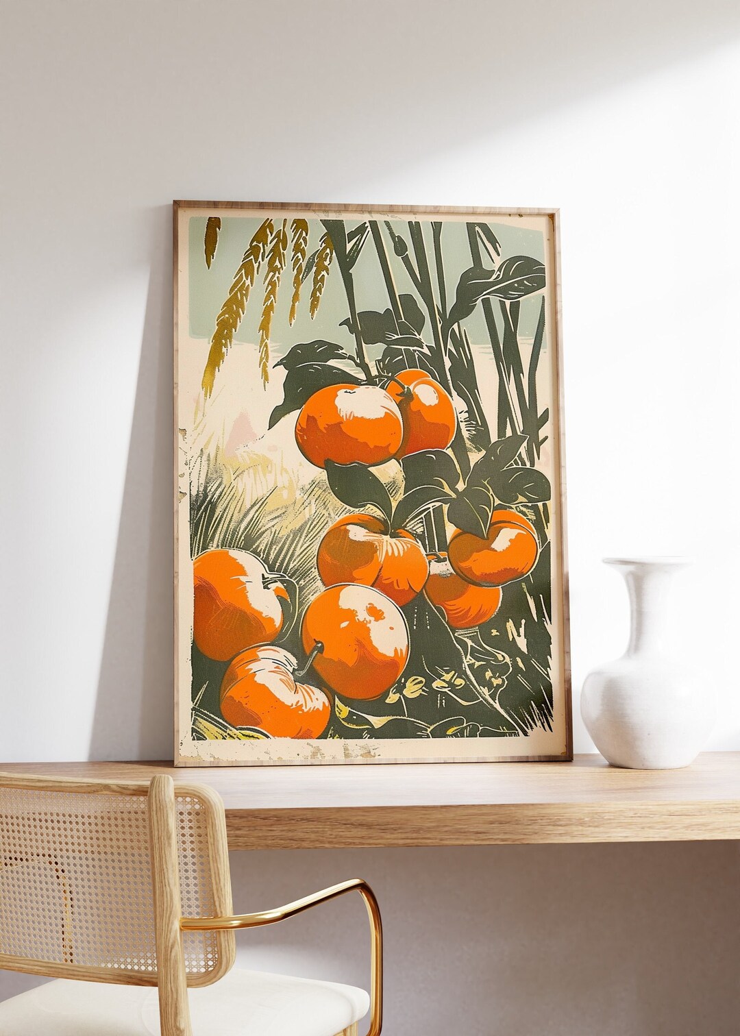 A Vintage Pumpkin and Wheat Print, Linocut Style, Farmhouse Decor ...