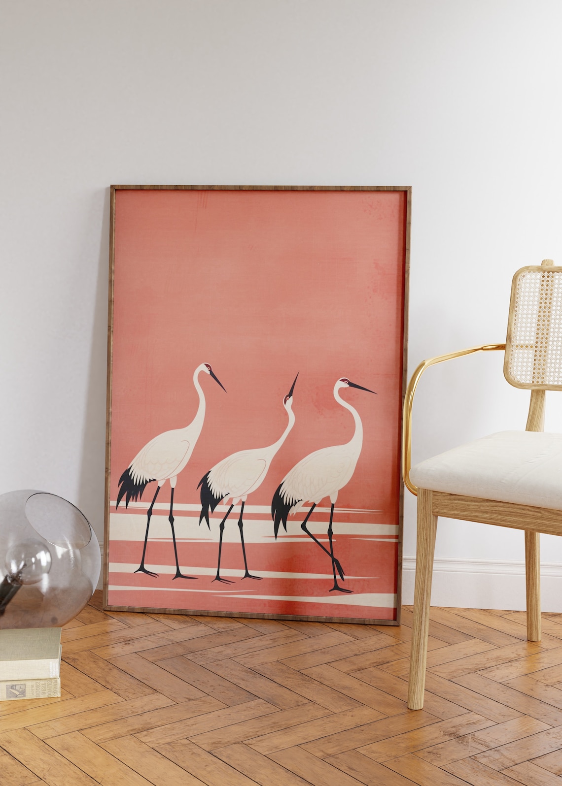 Three Crane Painting, Japanese Crane Print, Muted Red an Pink Tones ...