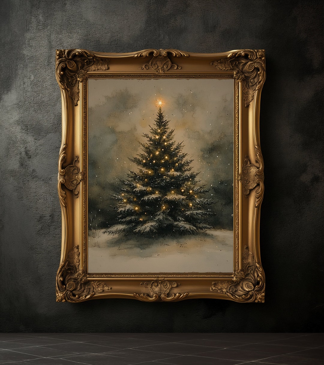 Vintage Moody Christmas Tree Print, Christmas Decor Printable Wall Art ...
