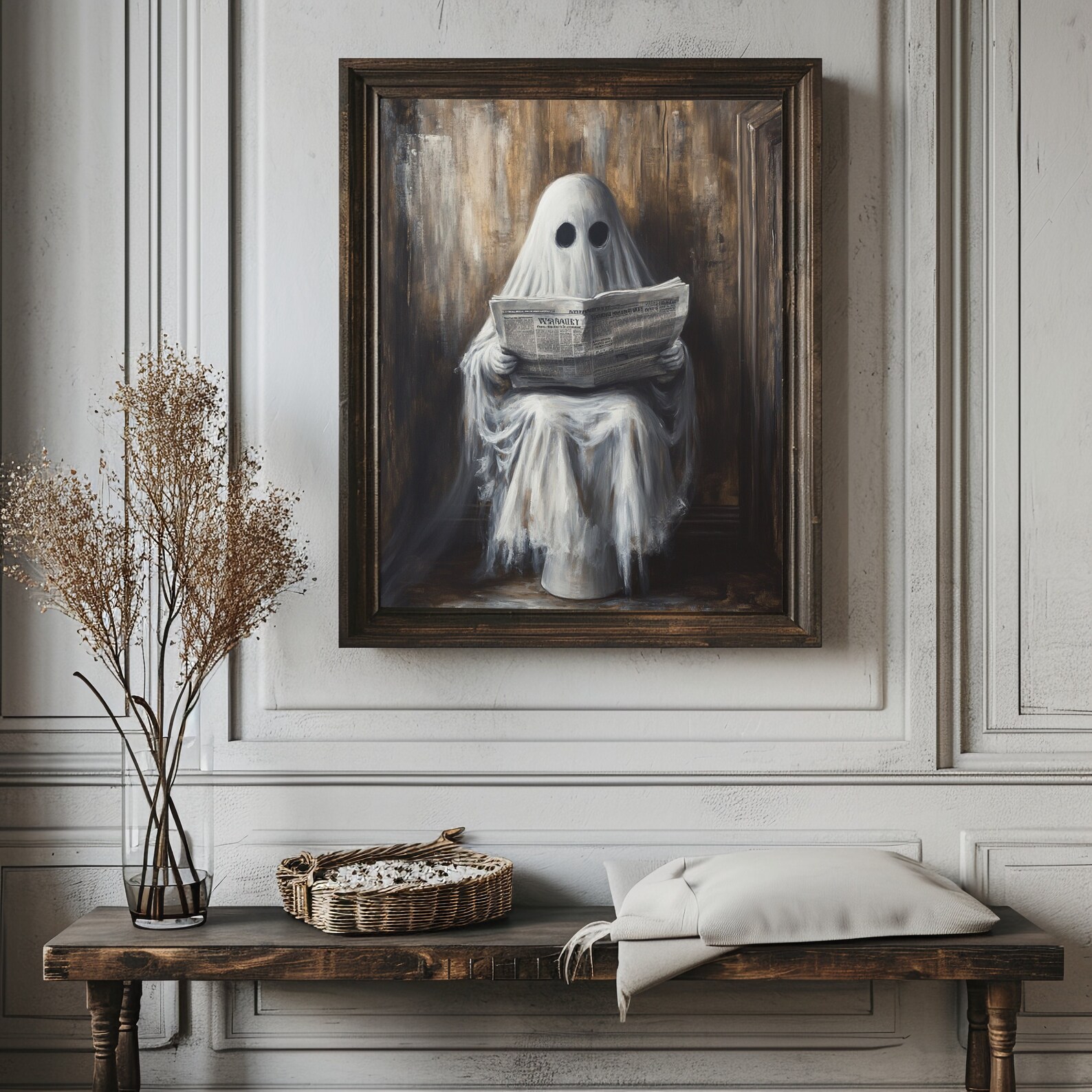 Ghost Reading Newspaper Print, Dark Academia Bathroom, Whimsical Gothic ...