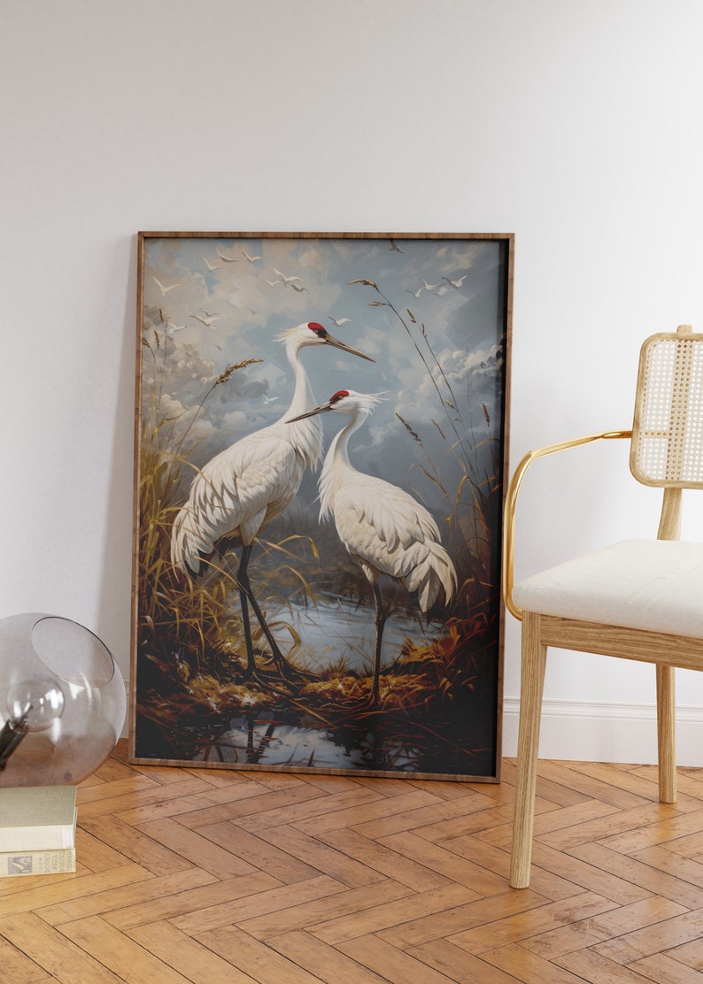 Two Crane Painting, Japanese Crane Print, Muted Red an Pink Tones ...