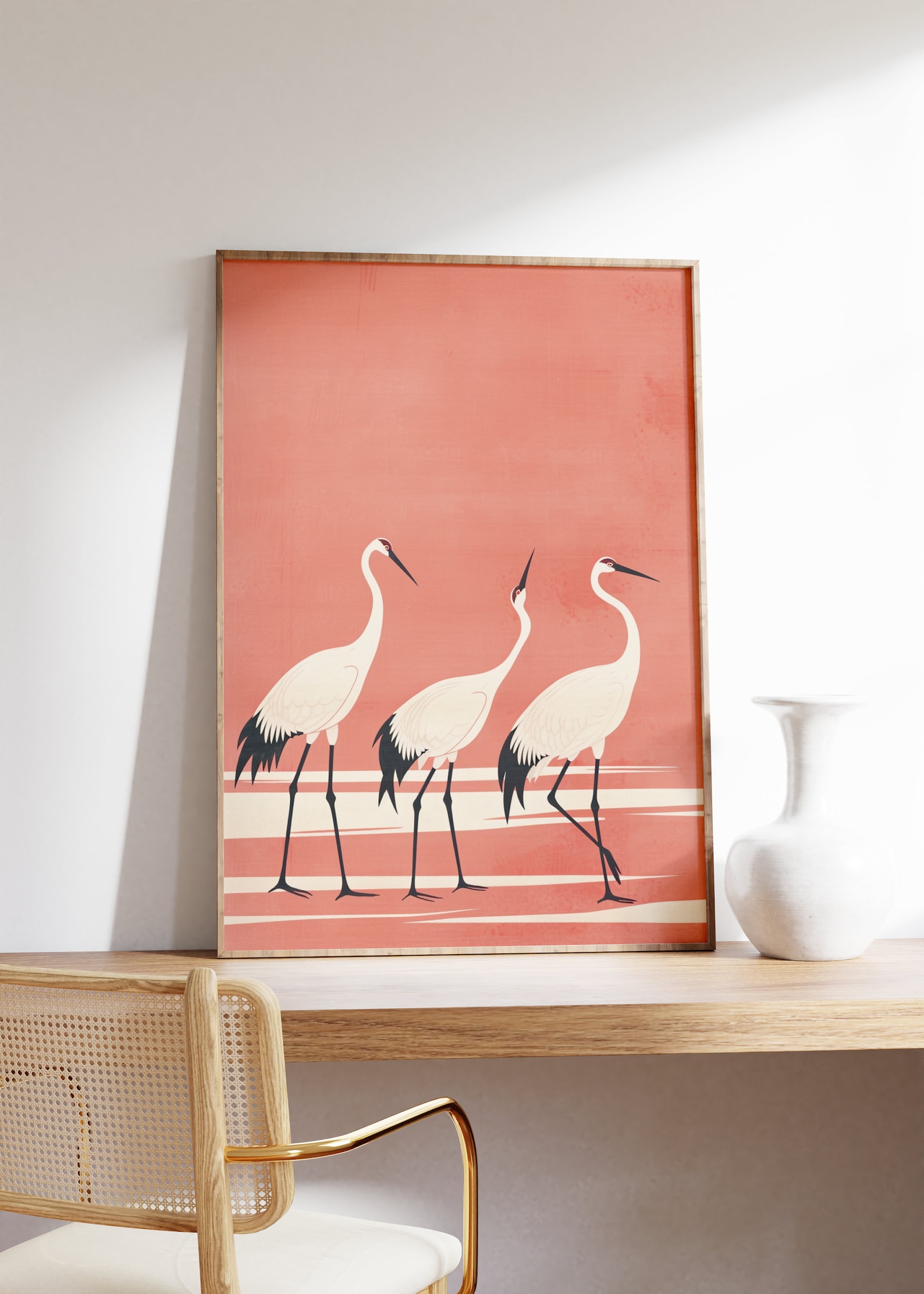 Three Crane Painting, Japanese Crane Print, Muted Red an Pink Tones ...