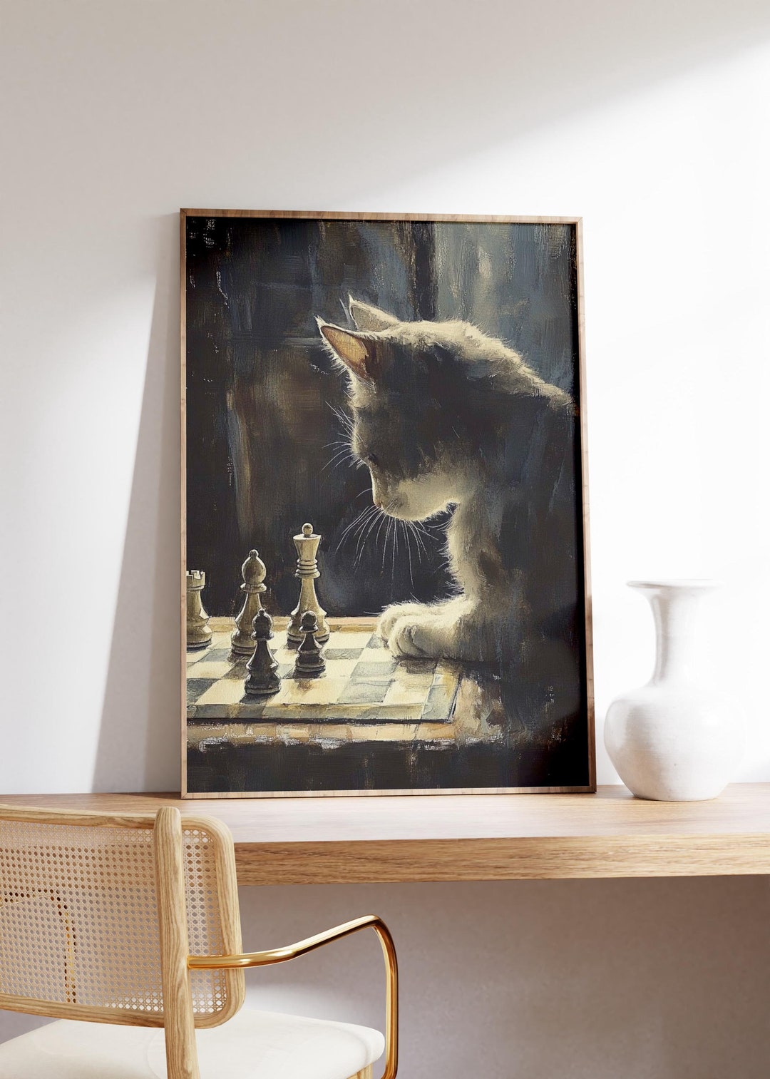 Vintage Cat Playing Chess Print, Impressionist Watercolour Painting ...