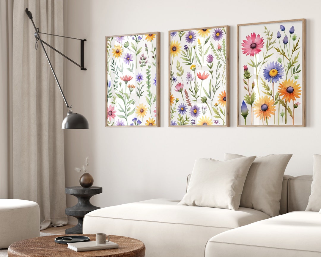 Floral Watercolor Print Set of 3, Wildflower Field Wall Art, Colorful ...