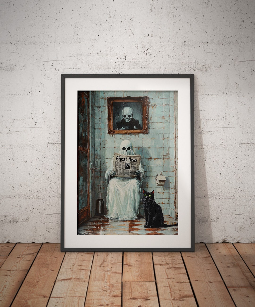 Ghost Reading Newspaper Print, Whimsical Gothic Bathroom Halloween ...