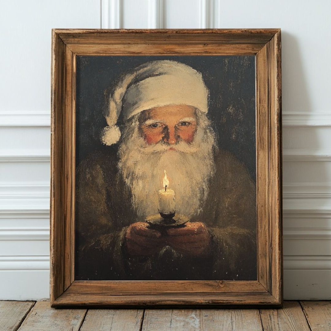 Vintage Santa Claus Holding a Candle Oil Painting Print, Father ...