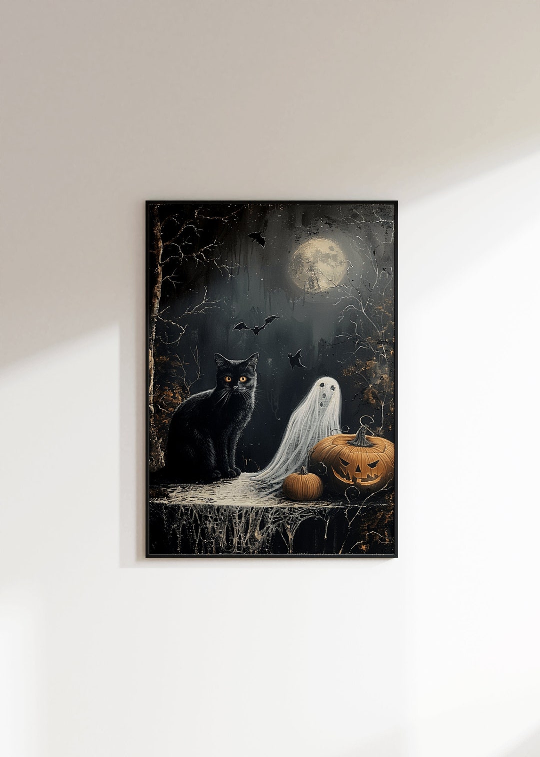 Black Cat Ghost and Pumpkin Print, Halloween Art Poster, Spooky Ghost ...