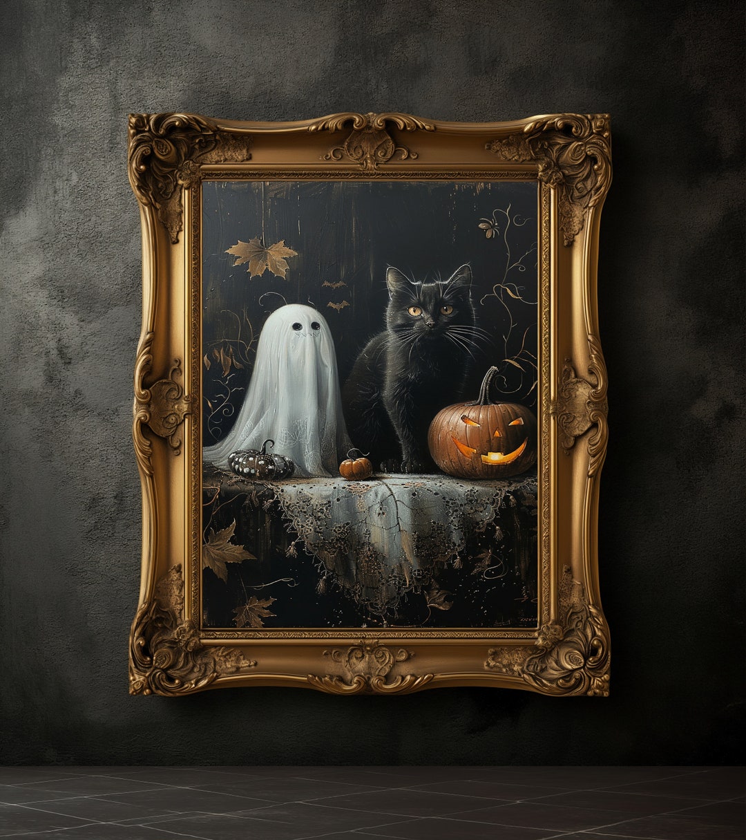 Black Cat Ghost and Pumpkin Print, Halloween Art Poster, Spooky Ghost ...