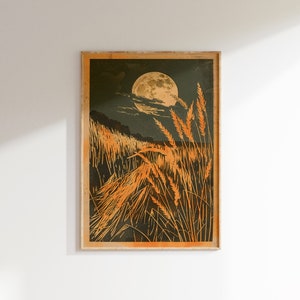Vintage Print of a Wheat Field at Night With a Full Moon, Linocut Style ...