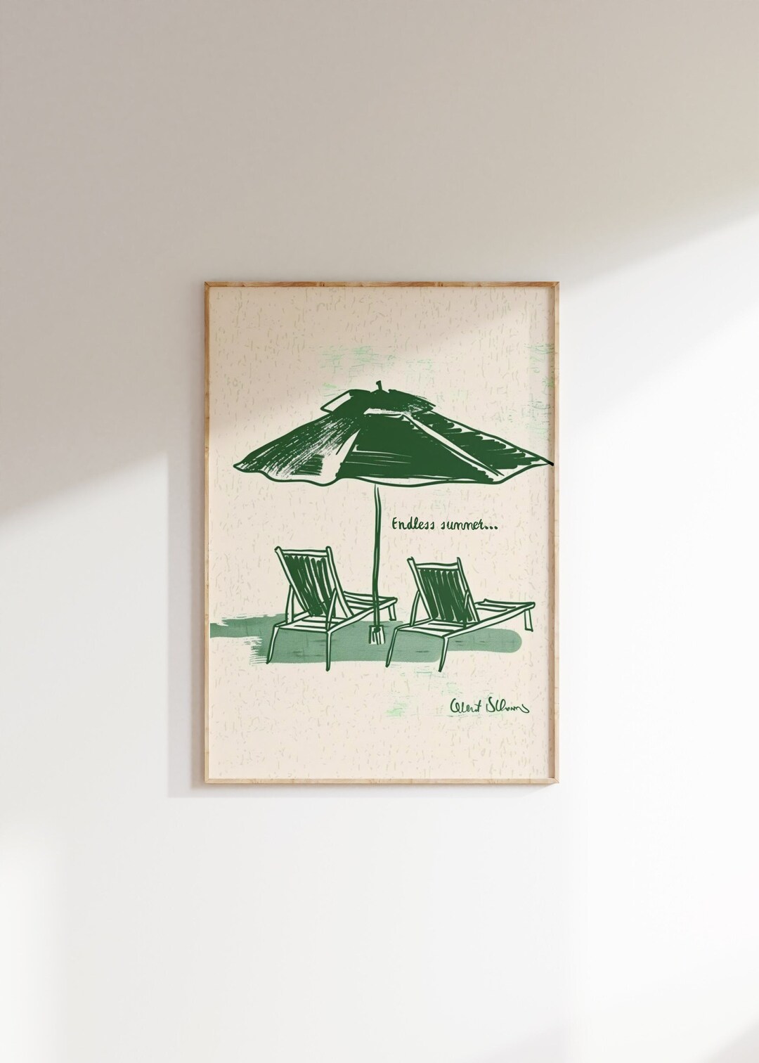 Retro Endless Summer Poster, Sun Beds and Umbrella Print, Green Wall ...