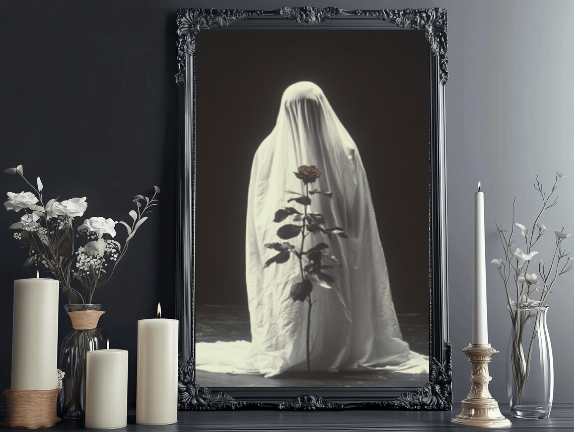 Ghost Holding A Rose Halloween Print, Halloween Art Poster, Spooky ...