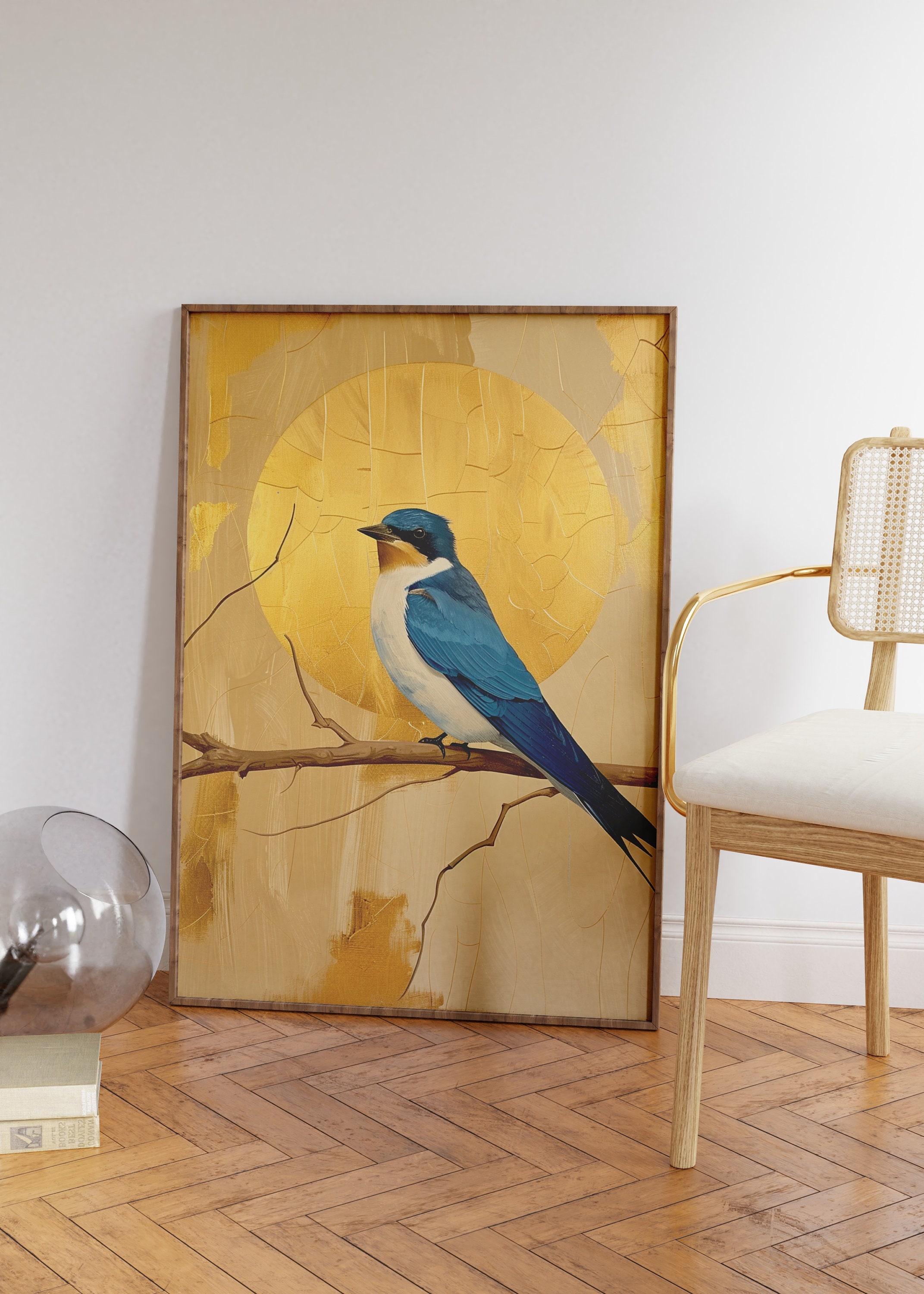 Vintage Blue Swallow Print, Japandi Style Swallow Poster, Golden ...