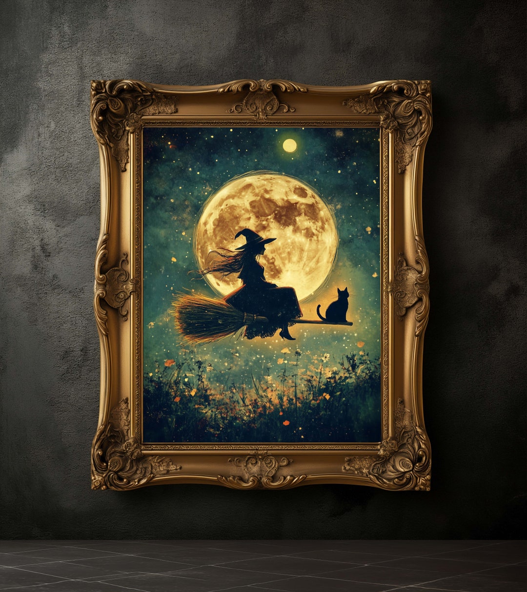 Witch and Black Cat Wall Art, Three Witches Print, Vintage Halloween ...