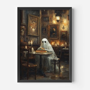 Ghost Eating Pizza Halloween Print, Halloween Art Poster, Spooky Ghost ...