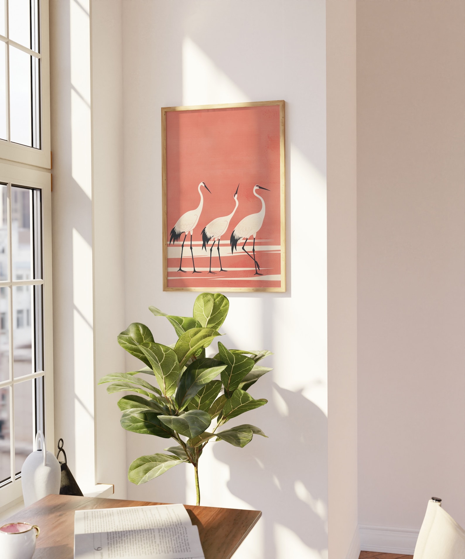 Three Crane Painting, Japanese Crane Print, Muted Red an Pink Tones ...