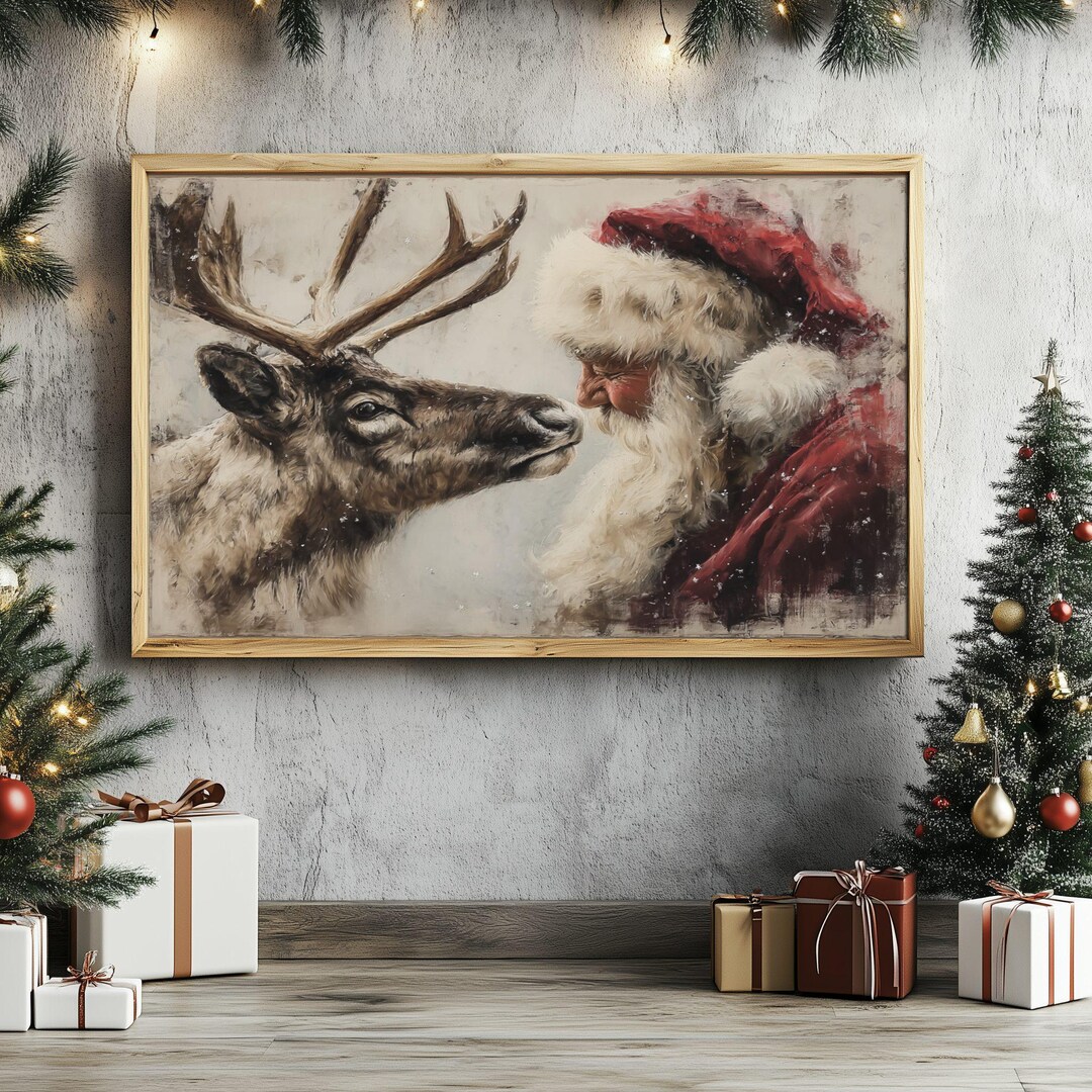 Reindeer and Santa Face to Face Poster, Santa Claus Print, Vintage ...