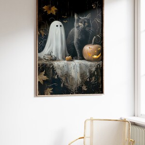 Black Cat Ghost and Pumpkin Print, Halloween Art Poster, Spooky Ghost ...