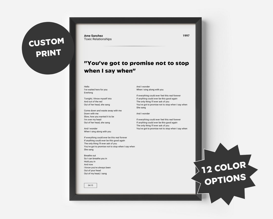 Custom Song Poster, Your Song Print, Lyric Wall Art, Personalised ...