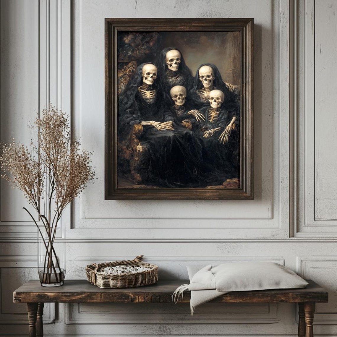 Skeleton Family Portrait Art Poster, Spooky Halloween Wall Decor - Etsy