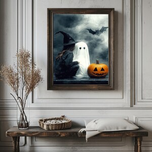 Witch Ghost Bat and Pumpkin Print, Halloween Art Poster, Spooky Ghost ...