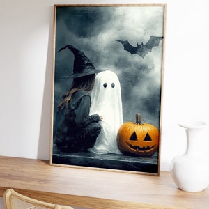 Witch Ghost Bat and Pumpkin Print, Halloween Art Poster, Spooky Ghost ...
