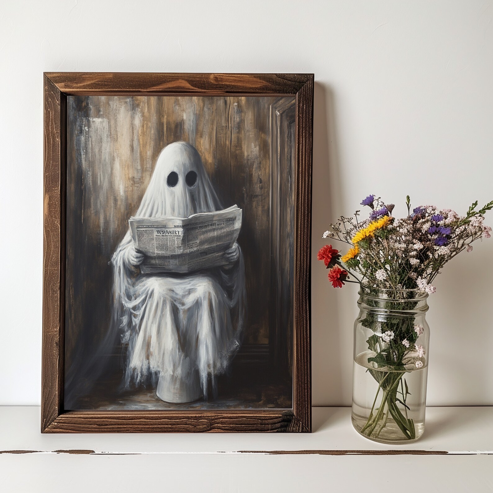 Ghost Reading Newspaper Print, Dark Academia Bathroom, Whimsical Gothic ...