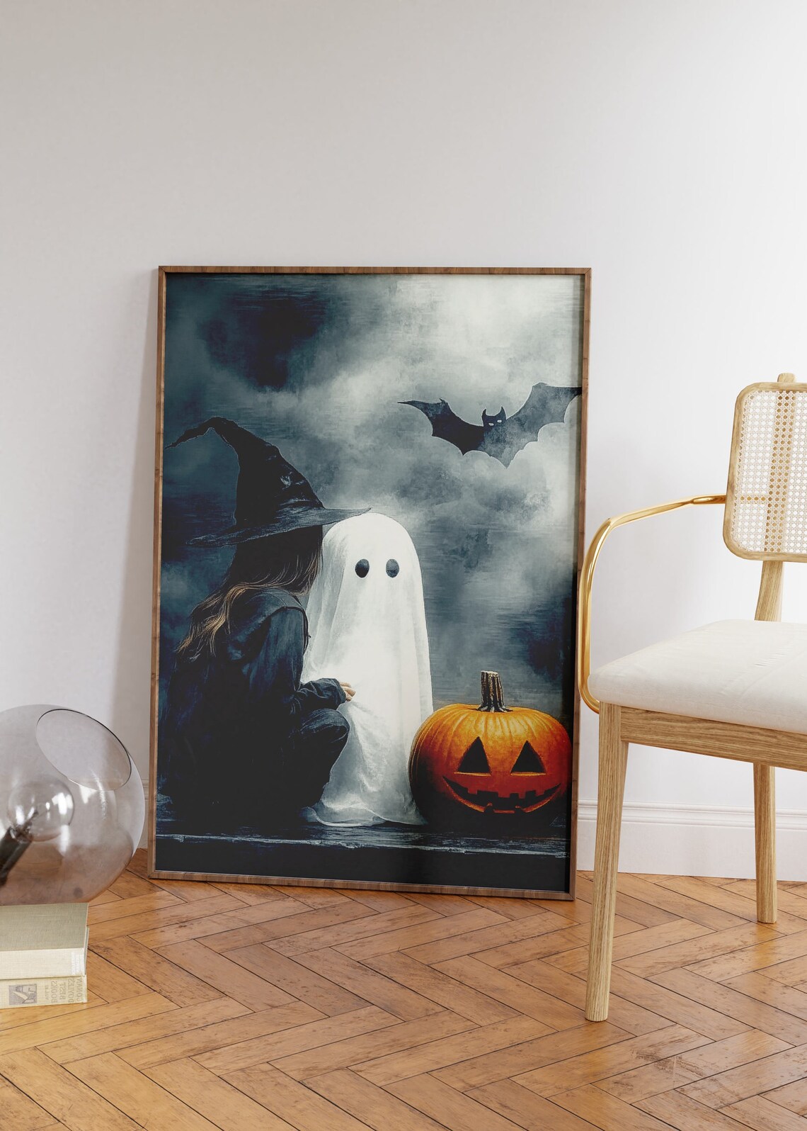 Witch Ghost Bat and Pumpkin Print, Halloween Art Poster, Spooky Ghost ...