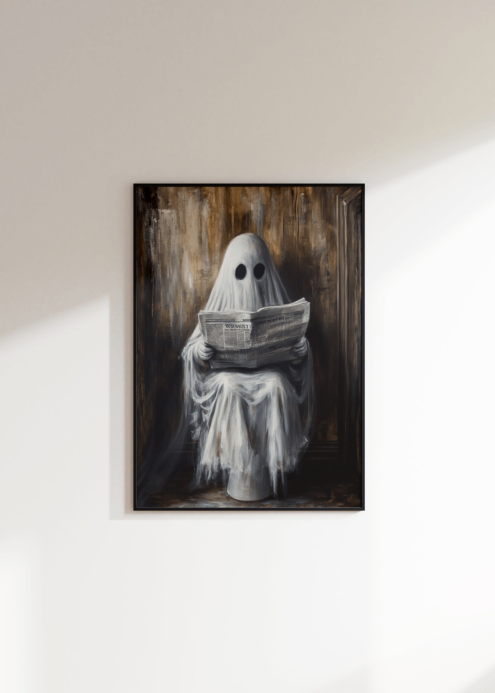 Ghost Reading Newspaper Print, Dark Academia Bathroom, Whimsical Gothic ...