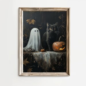 Black Cat Ghost and Pumpkin Print, Halloween Art Poster, Spooky Ghost ...