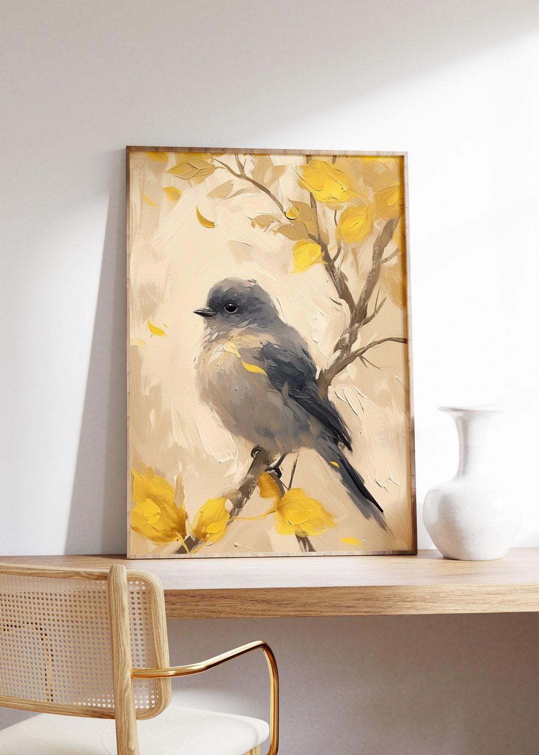 Robin Bird on A Branch Painting, Japanese Robin Print, Muted Yellow ...